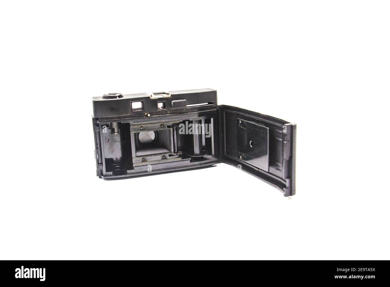 Vintage old photo camera from inside on the white background Stock ...