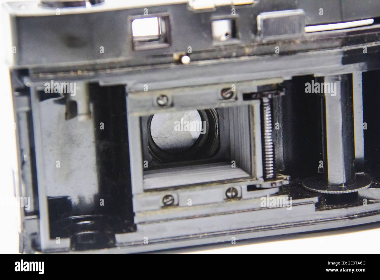 Vintage old photo camera from inside on the white background Stock ...