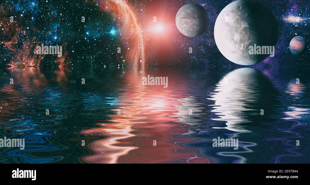 Beautiful unusual space planet in space reflected in water, galaxy ...