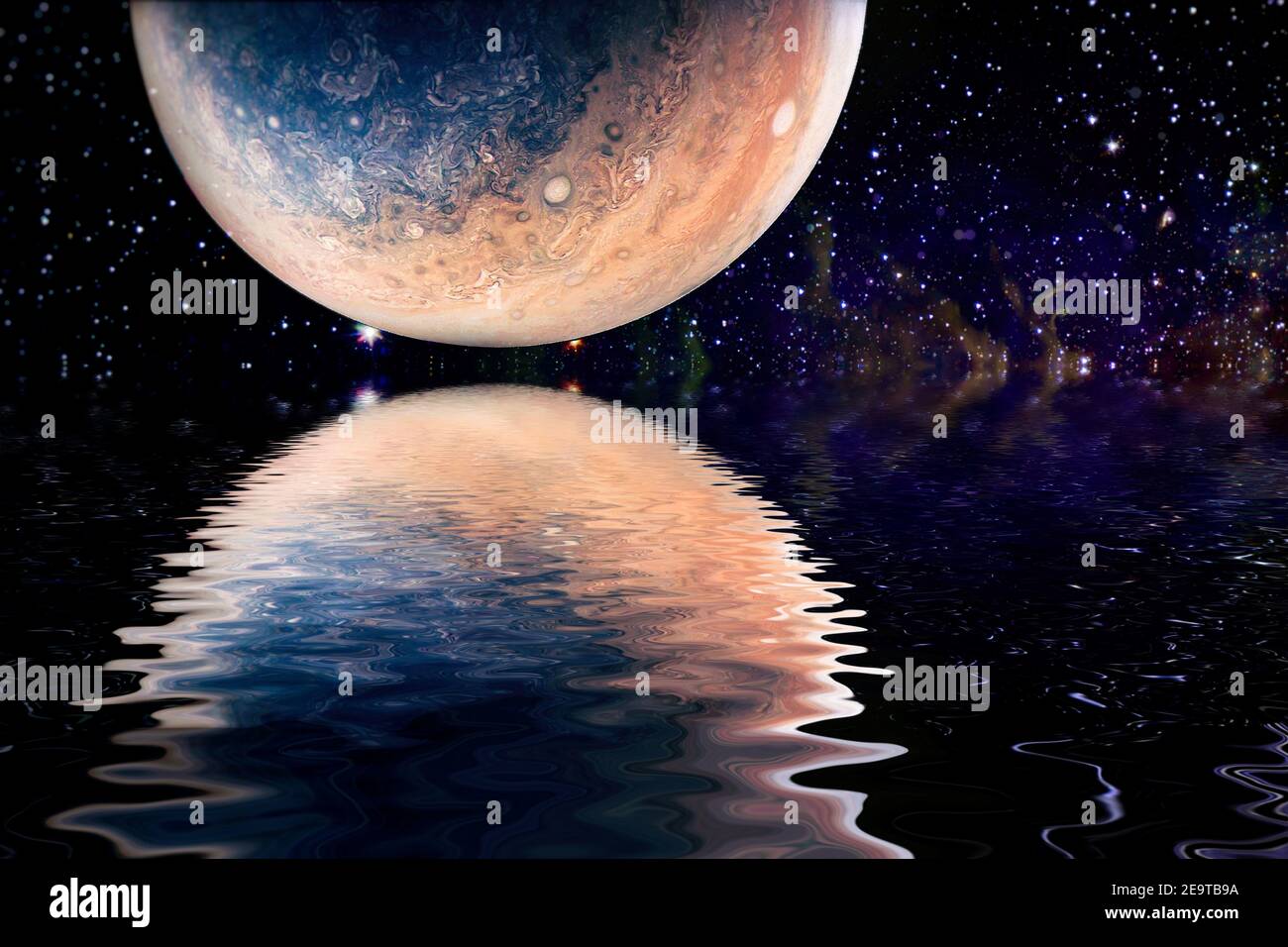 Beautiful unusual space planet in space reflected in water, galaxy ...