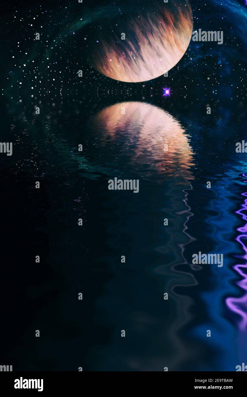 Beautiful unusual space planet in space reflected in water, galaxy ...