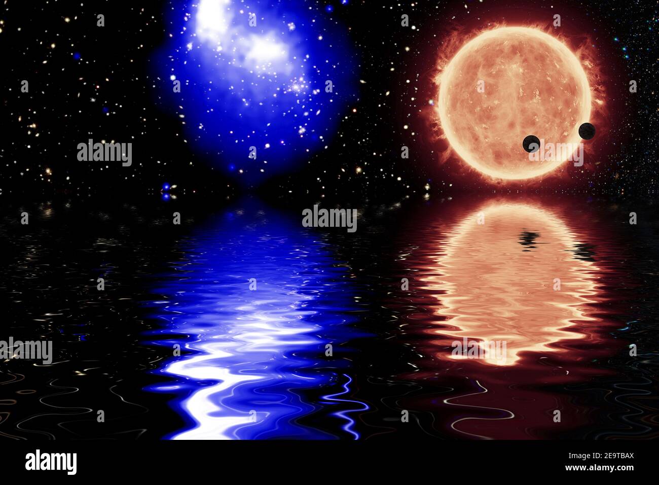 Beautiful unusual space planet in space reflected in water, galaxy ...