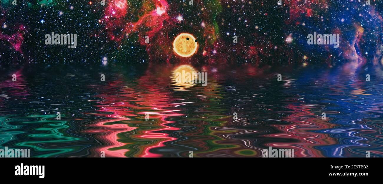 Beautiful unusual space planet in space reflected in water, galaxy ...