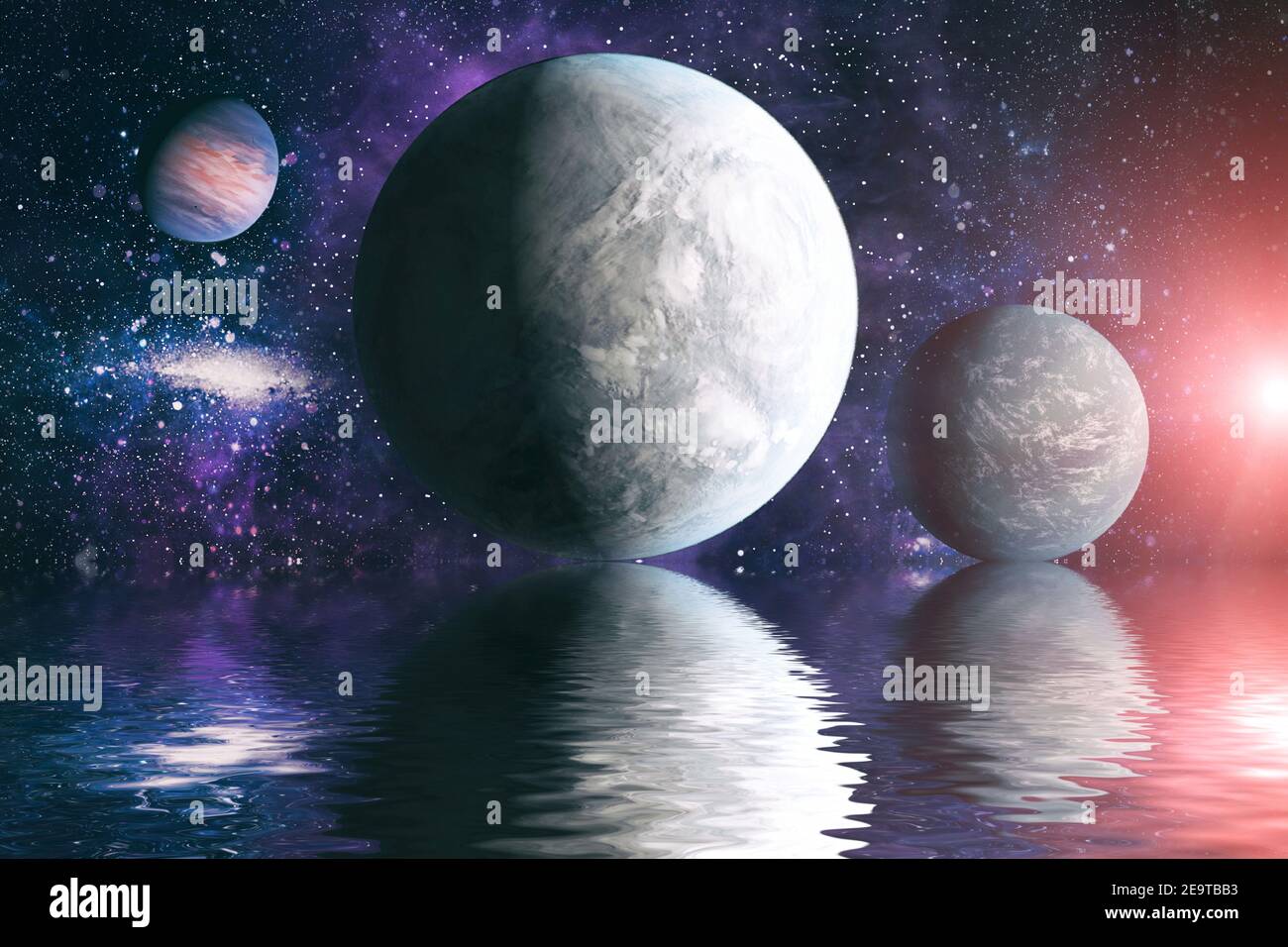 Beautiful unusual space planet in space reflected in water, galaxy ...