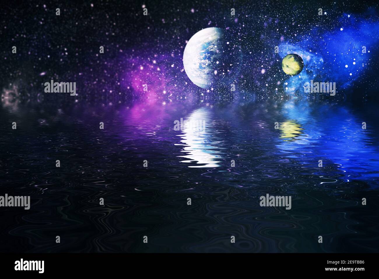 Beautiful unusual space planet in space reflected in water, galaxy ...