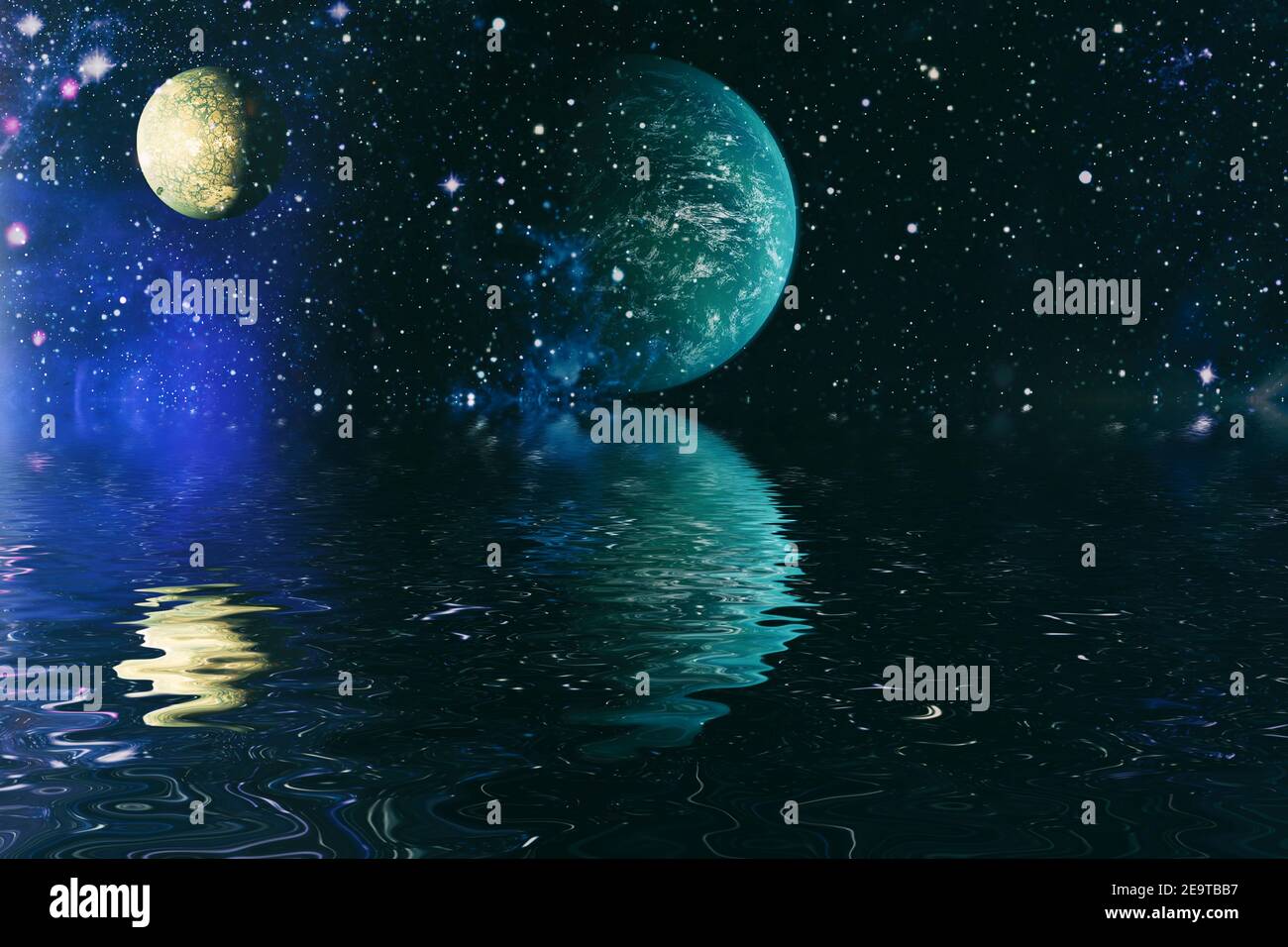 Beautiful unusual space planet in space reflected in water, galaxy ...