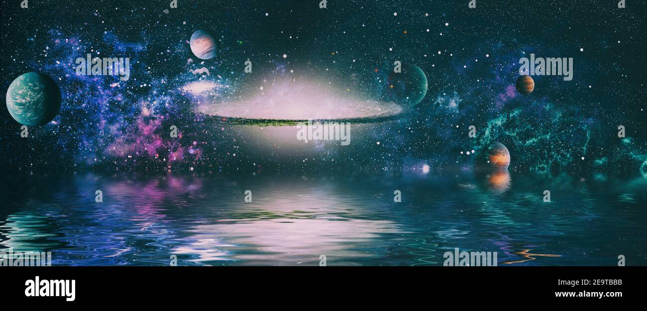 Beautiful unusual space planet in space reflected in water, galaxy ...