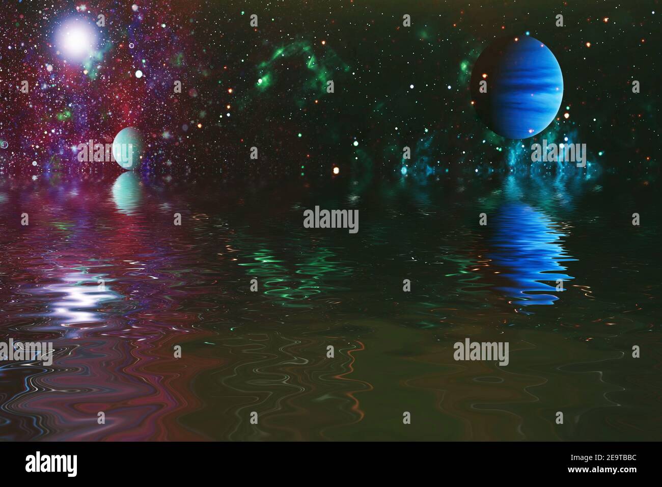 Beautiful unusual space planet in space reflected in water, galaxy ...