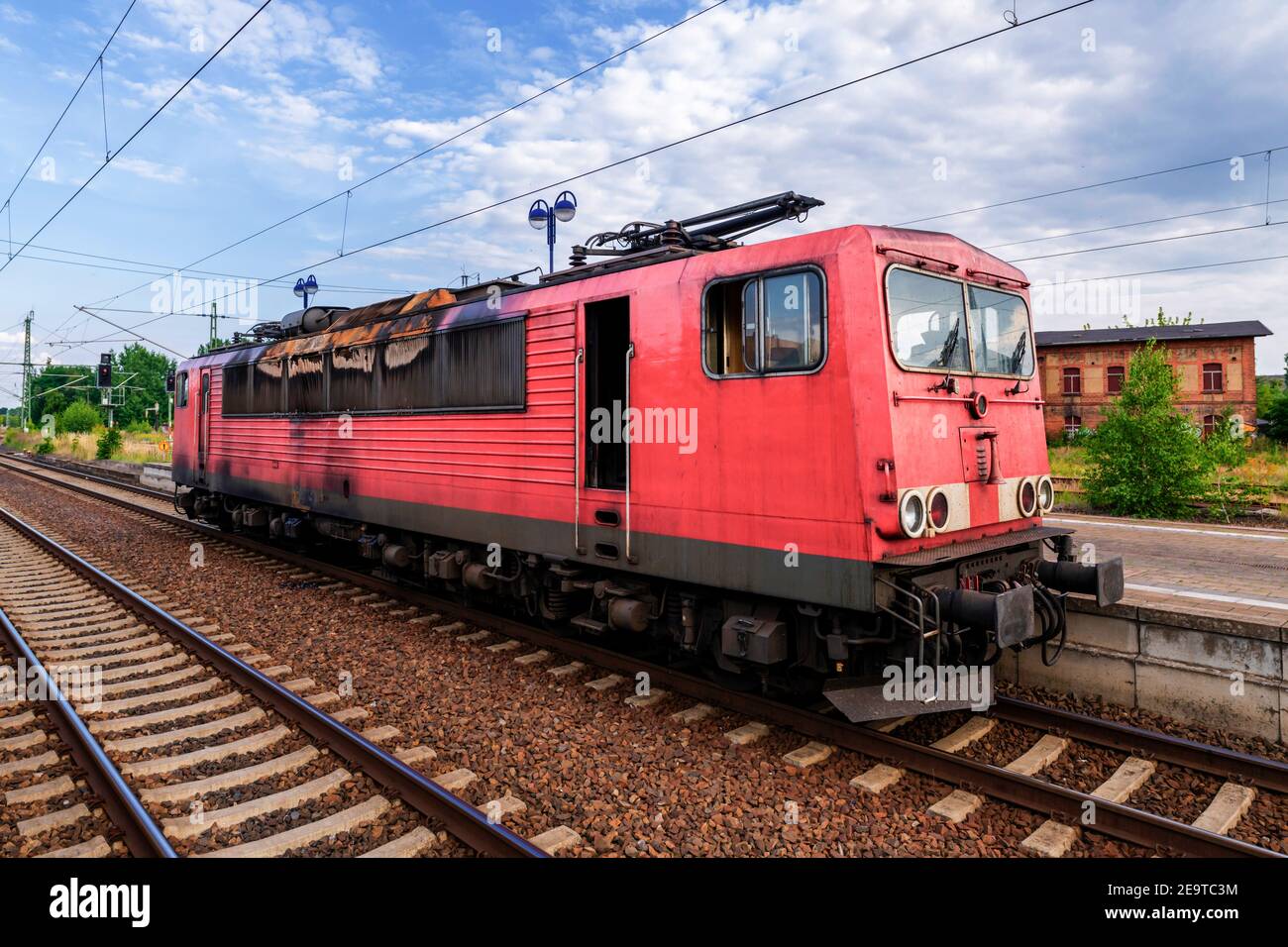 An electric locomotive after a fire in the engine compartment Stock ...