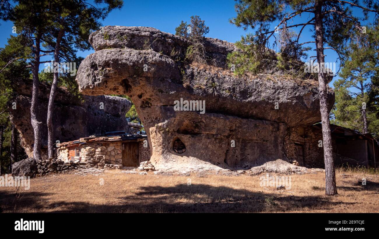 Beautiful rock formations in the forest under a blue sky Stock Photo ...