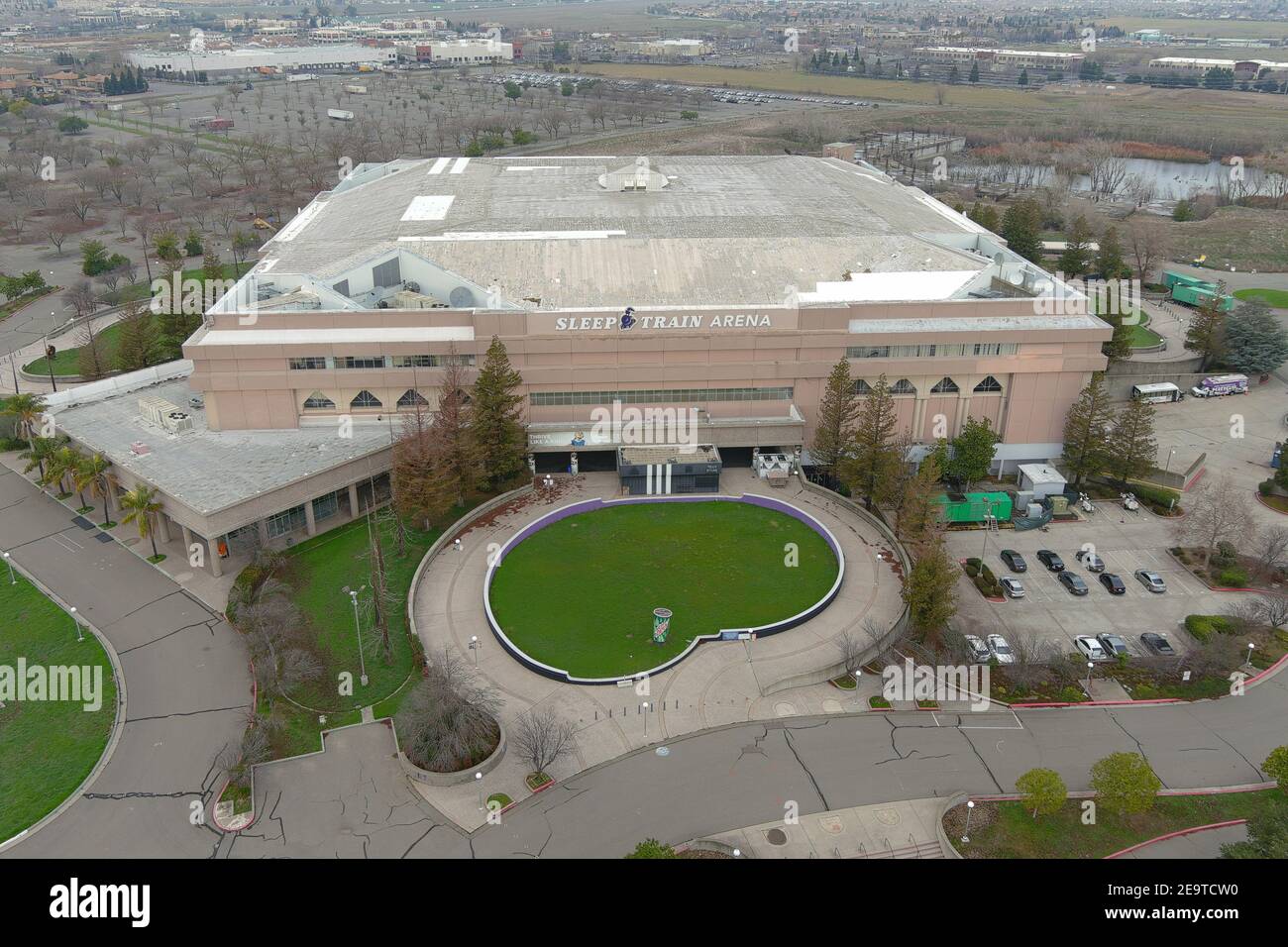 An aerial view of Sleep Train Arena, Sunday, Jan. 24, 2021, in ...