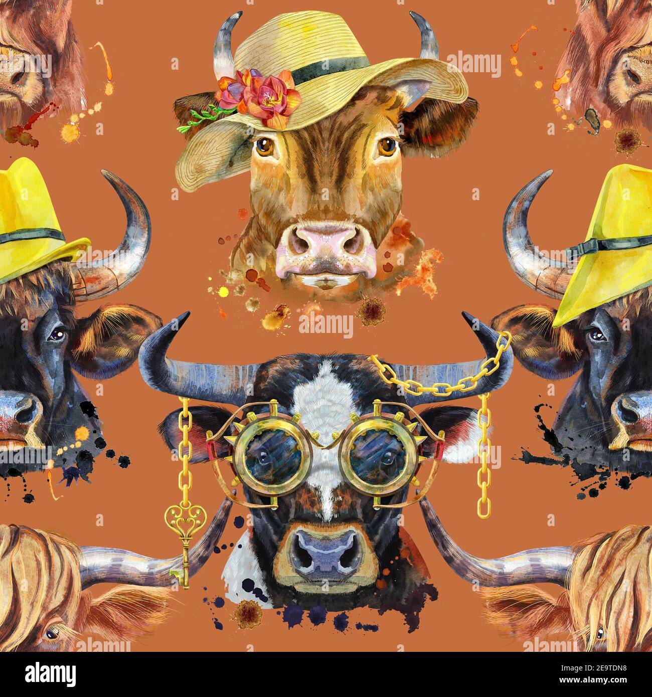 Bull watercolor graphics. Seamless pattern. Bull animal illustration ...