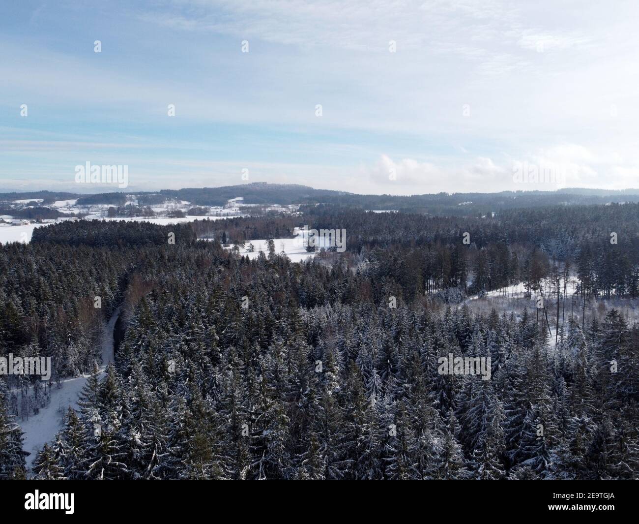 Winter landscape in Germany Bavaria in January with snow and sunshine ...