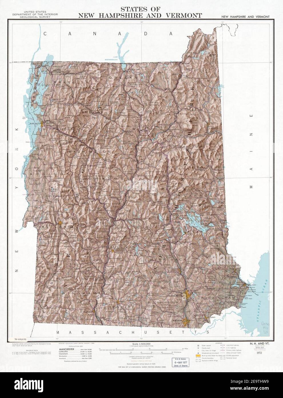 N.H. and Vt., shaded relief, base map with highways and contours, 1972 ...