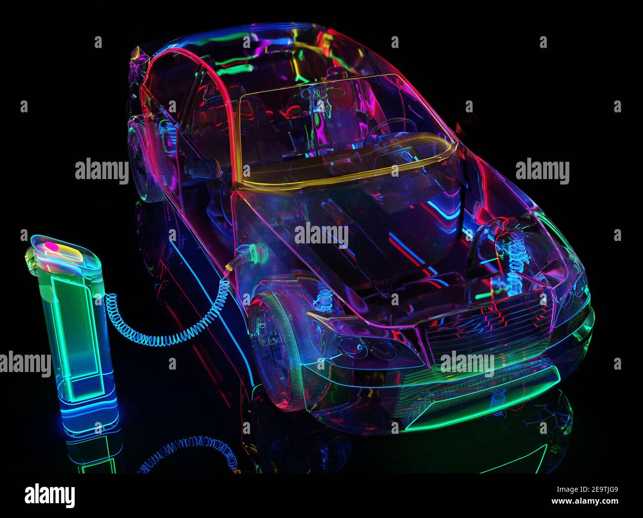 Charging modern electic car. Glass car with neon lighting Stock Photo ...