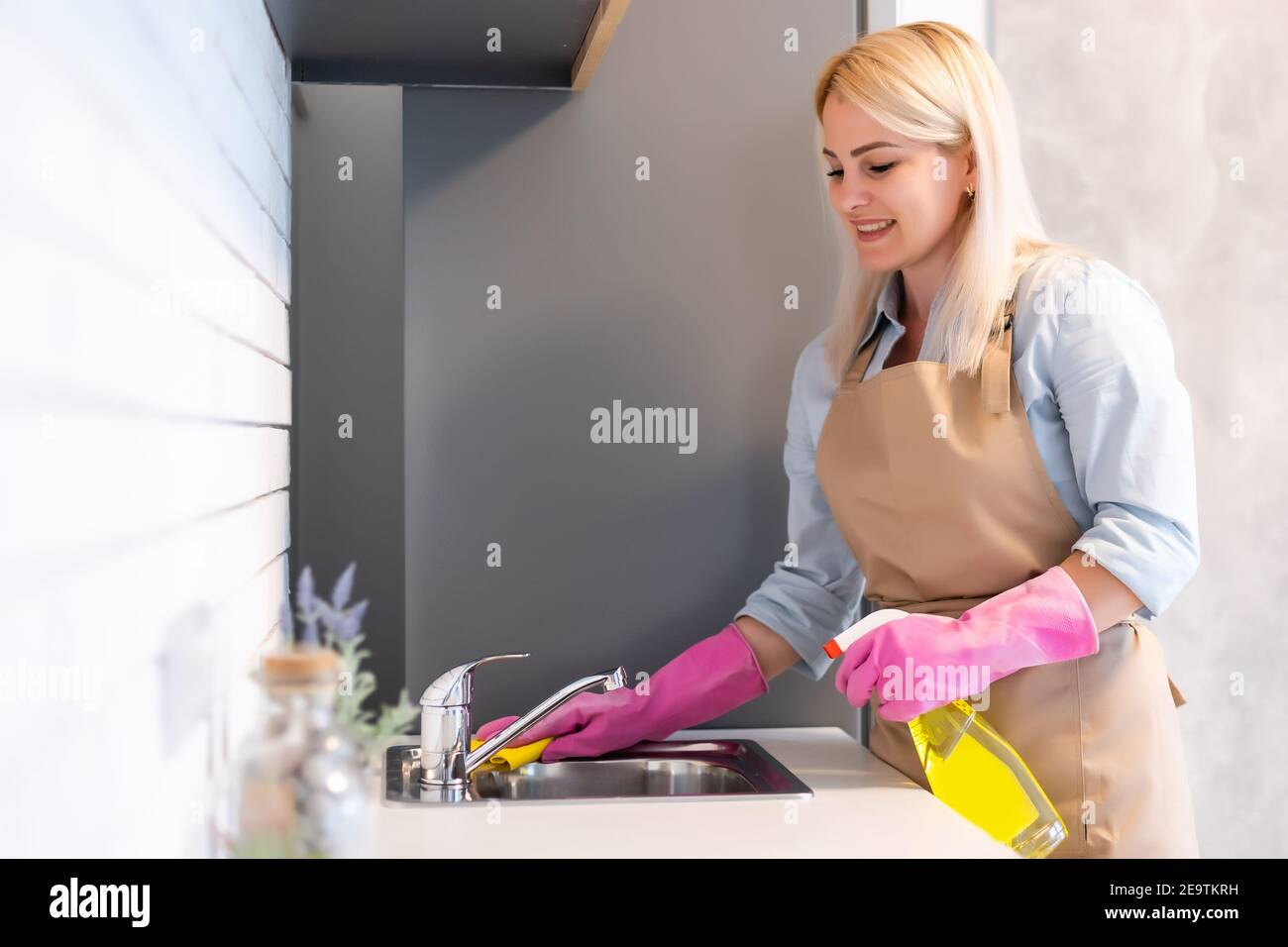 Cute housewife cleaning the kitchen cleaning the kitchen Stock Photo ...