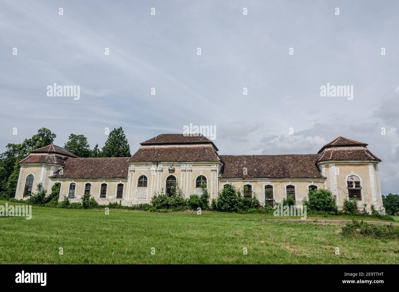 front view old castle building with green meadow Stock Photo - Alamy