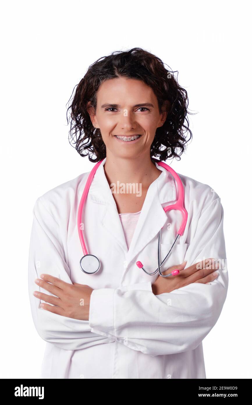 Female doctor with pink stethoscope and lab coat over a white background Stock Photo - Alamy