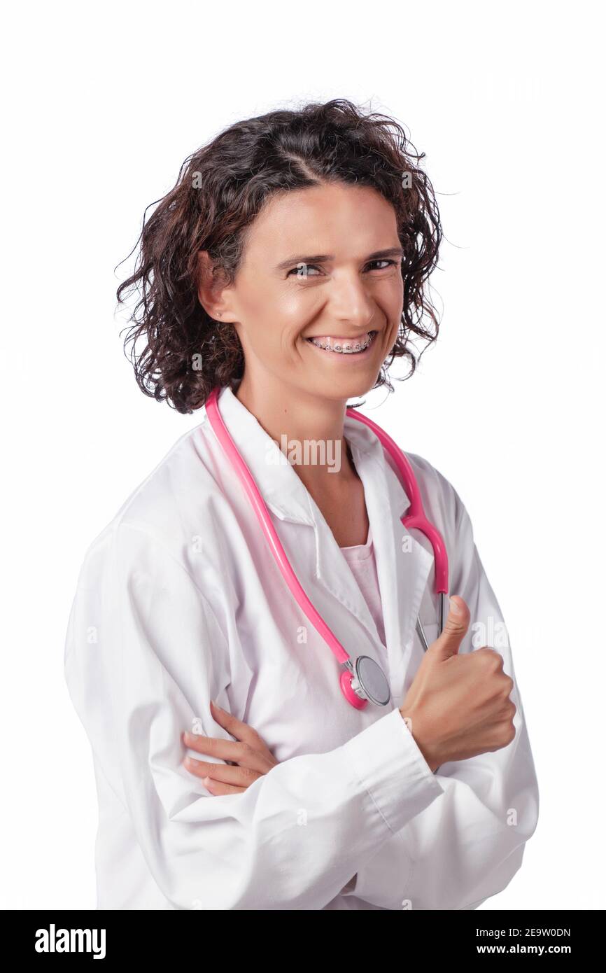 Female doctor with pink stethoscope and lab coat over a white ...