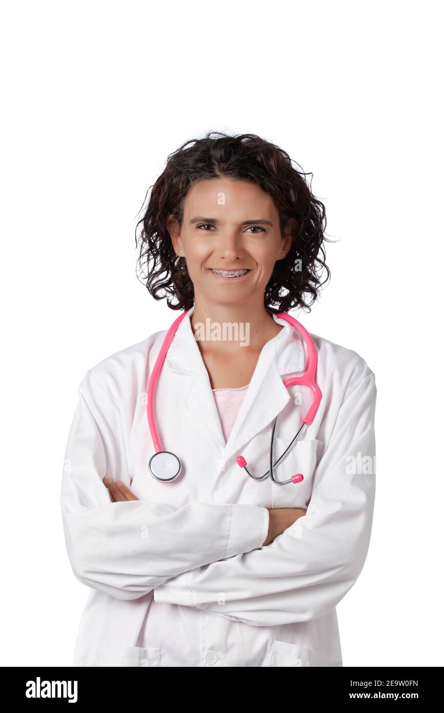 Female doctor with pink stethoscope and lab coat over a white ...
