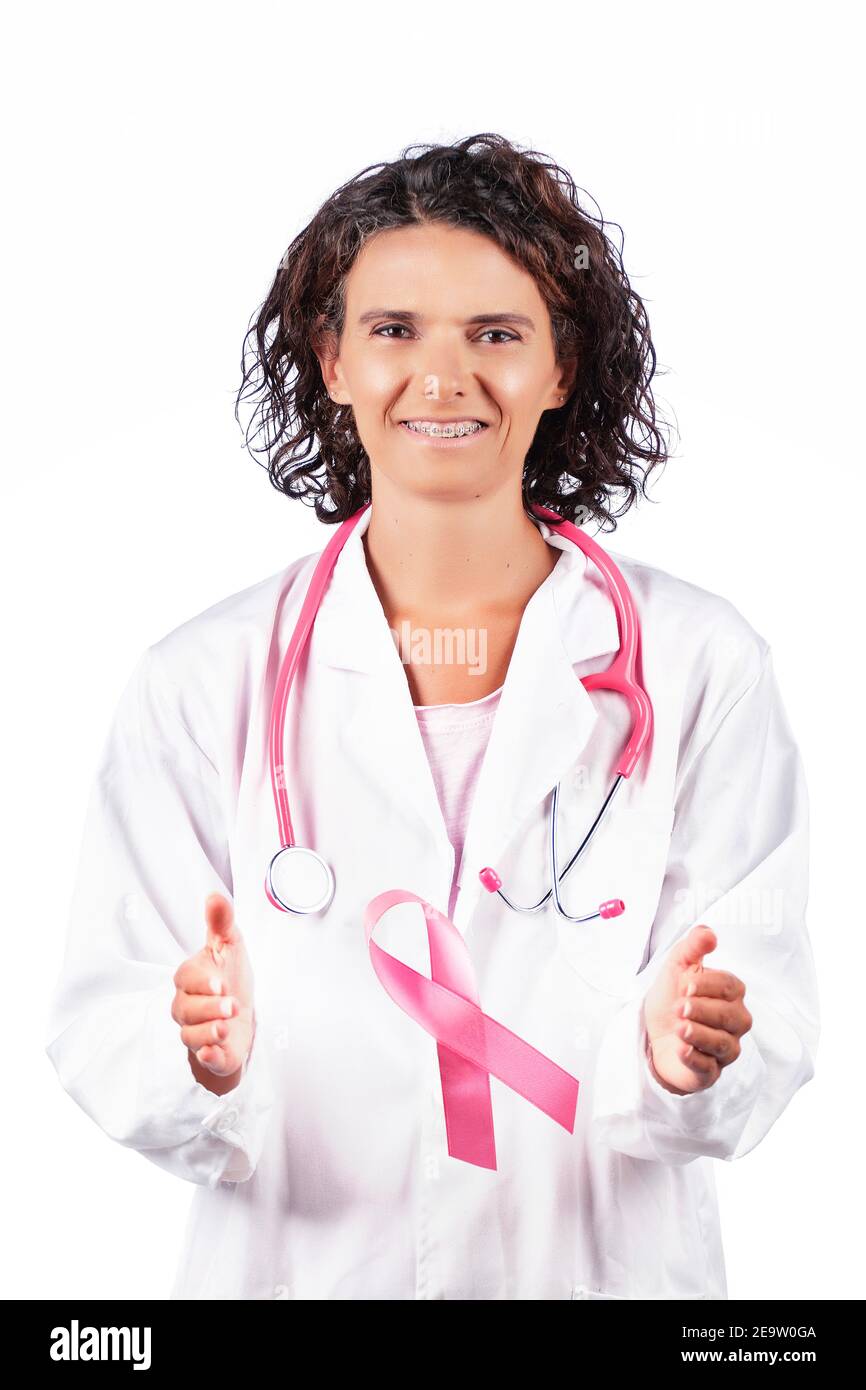 Female doctor with pink stethoscope and lab coat over a white ...