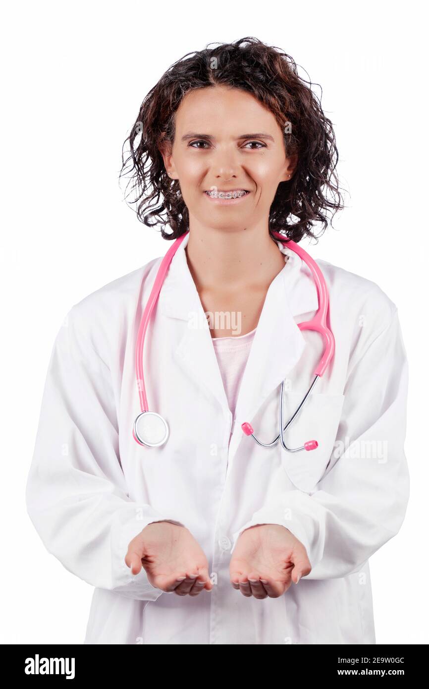 Female doctor with pink stethoscope and lab coat over a white ...