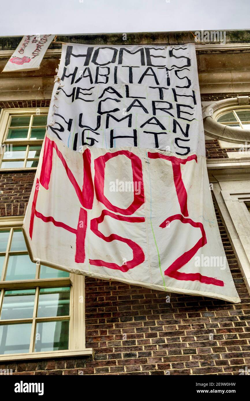 HS2 protest banner “Homes Habitats Healthcare Human Rights Not HS2 ...