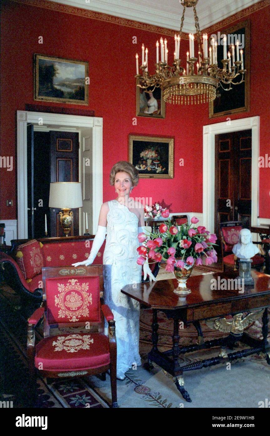 Nancy Reagan in the Red Room during a photo session with Vogue Magazine ...