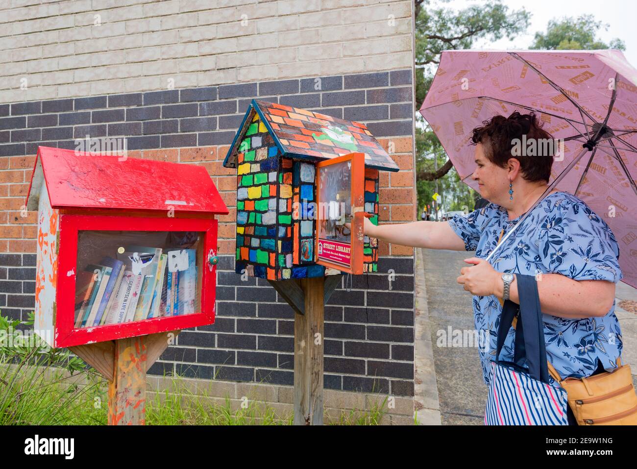 A woman selects a book from a mini street library in the inner city ...