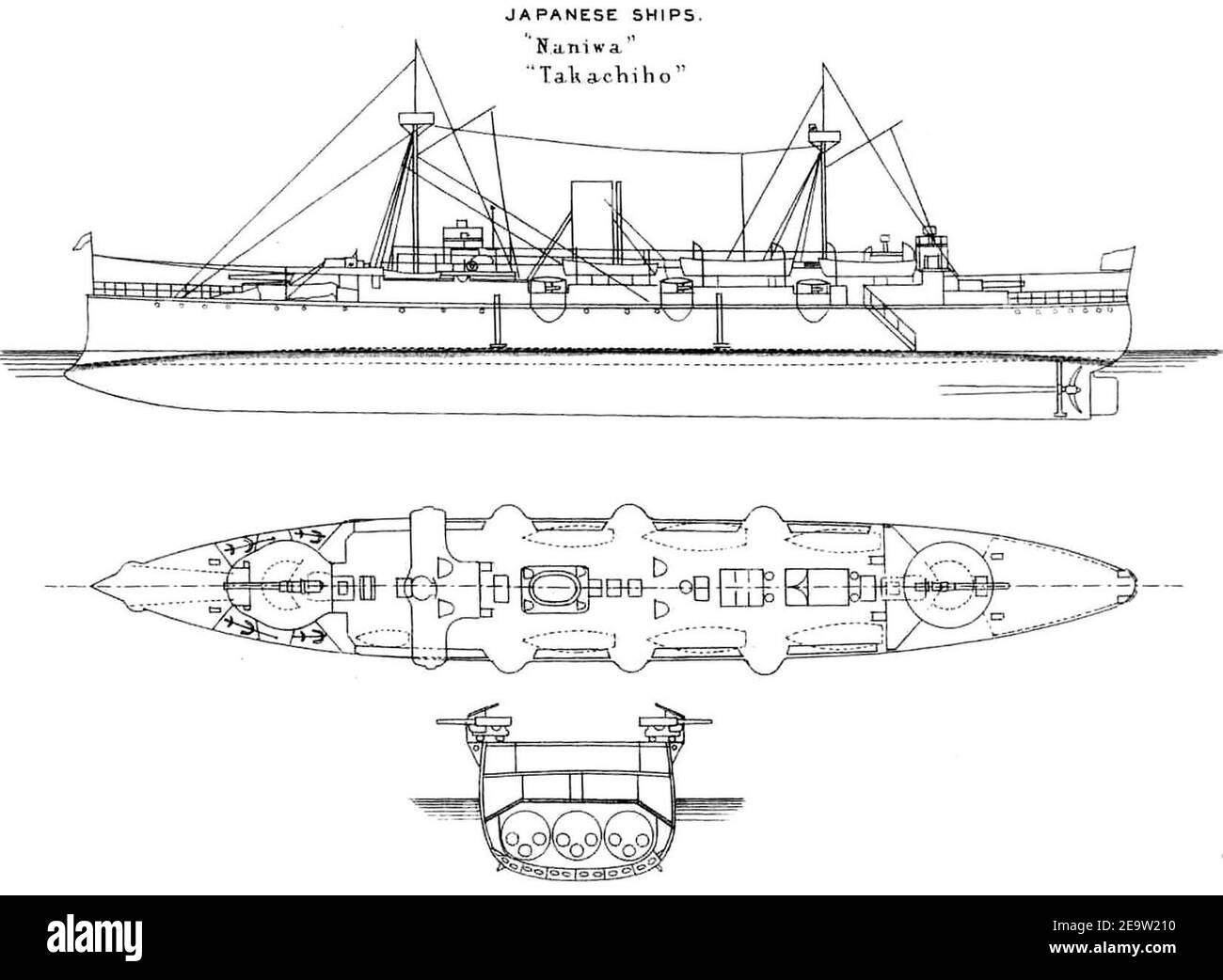 Naniwa class cruiser left elevation and deck plan Brasseys 1888 Stock ...