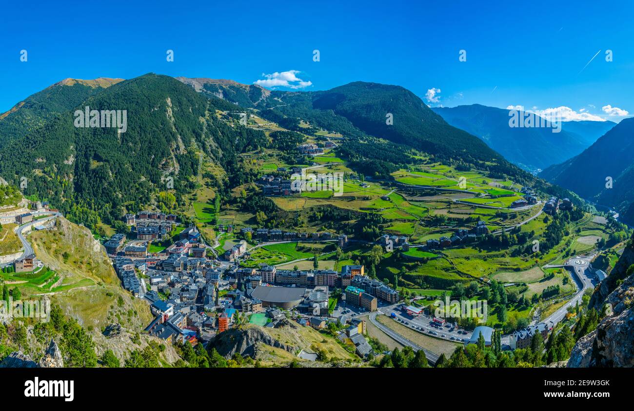 Aerial view of Canillo town viewed from Roc del Quer viewpoint at ...