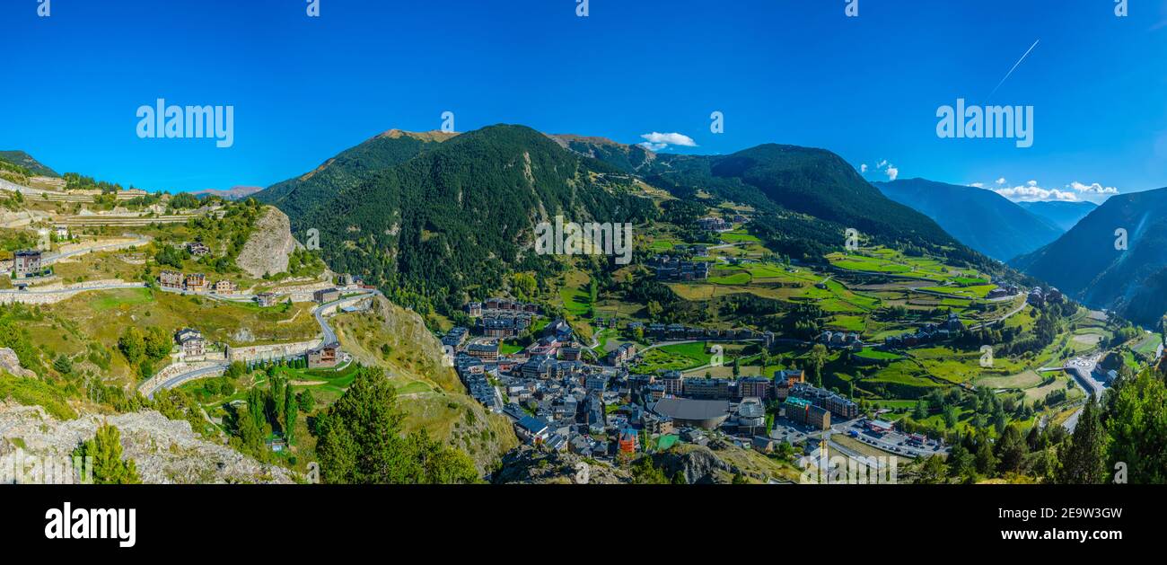 Aerial view of Canillo town viewed from Roc del Quer viewpoint at ...