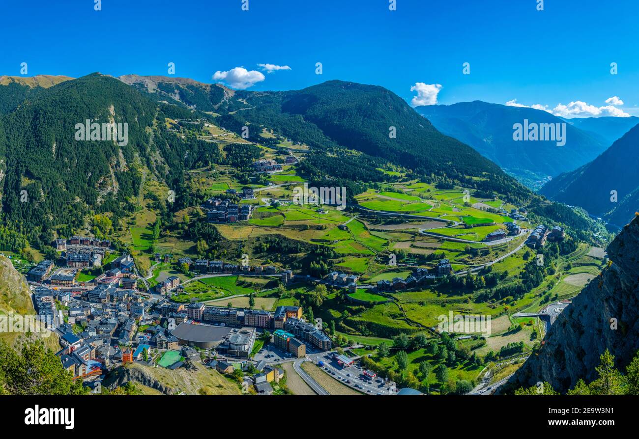 Aerial view of Canillo town viewed from Roc del Quer viewpoint at ...