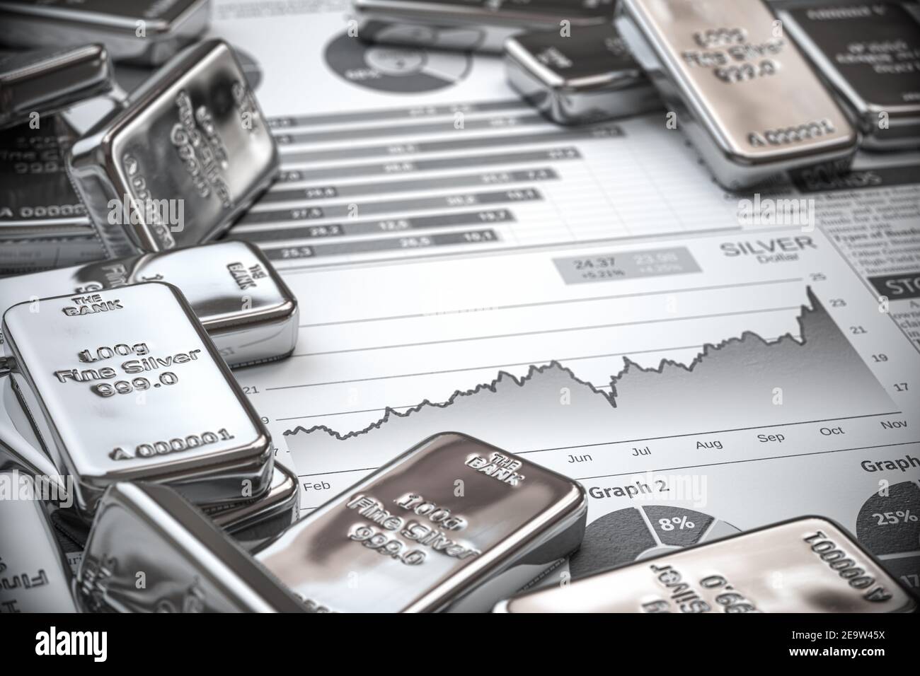 Growth of silver on stock market concept. Silver bar and ingots on ...