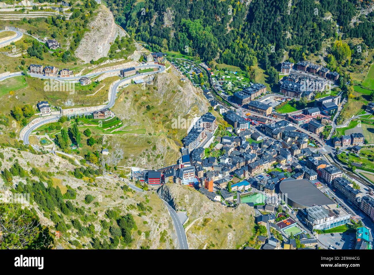 Aerial view of Canillo town viewed from Roc del Quer viewpoint at ...