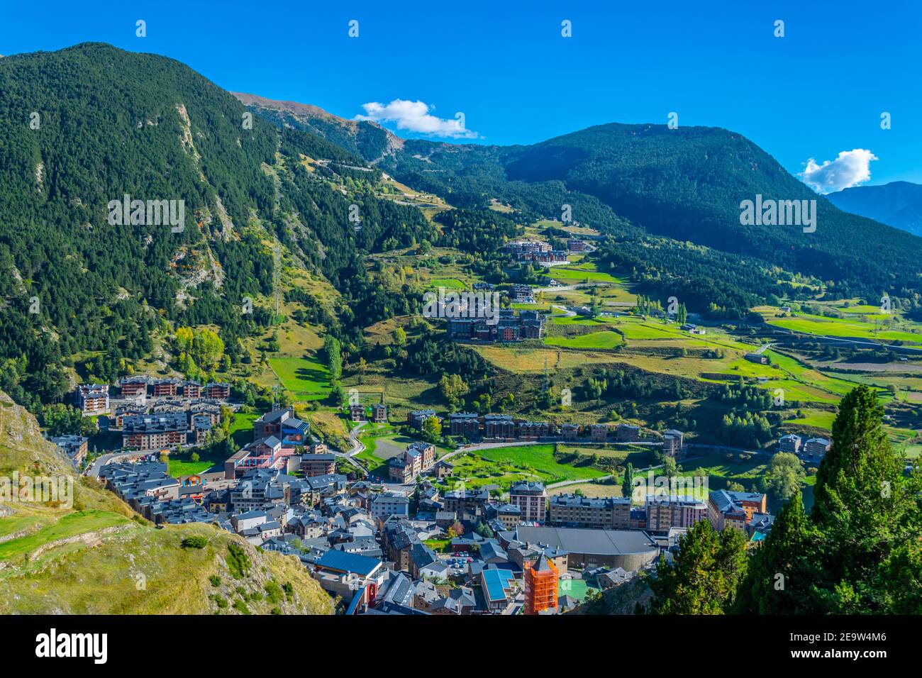 Aerial view of Canillo town viewed from Roc del Quer viewpoint at ...