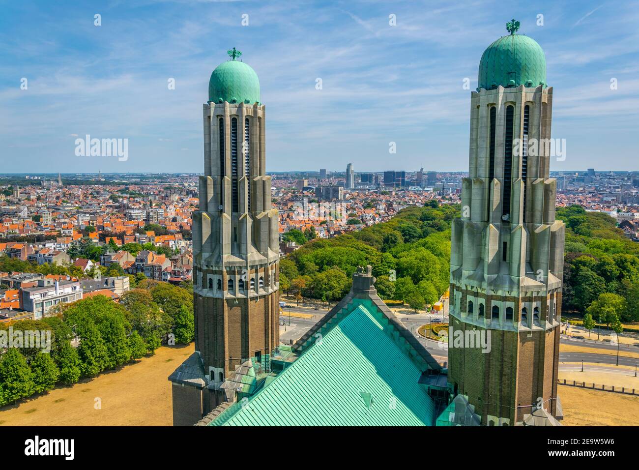 Aerial view of Brussels with two towers of Koekelberg basilica, Belgium ...