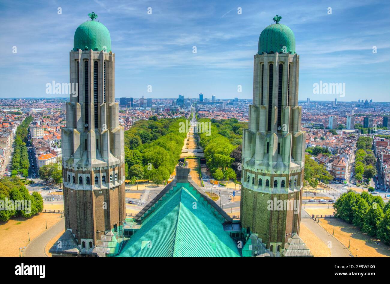 Aerial view of Brussels with two towers of Koekelberg basilica, Belgium ...