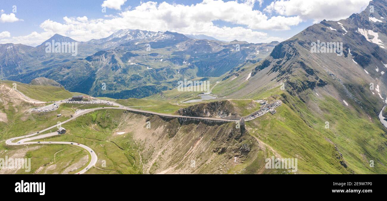 Aerial panoramic view of serpentine Taxenbacher Fusch high alpine road ...