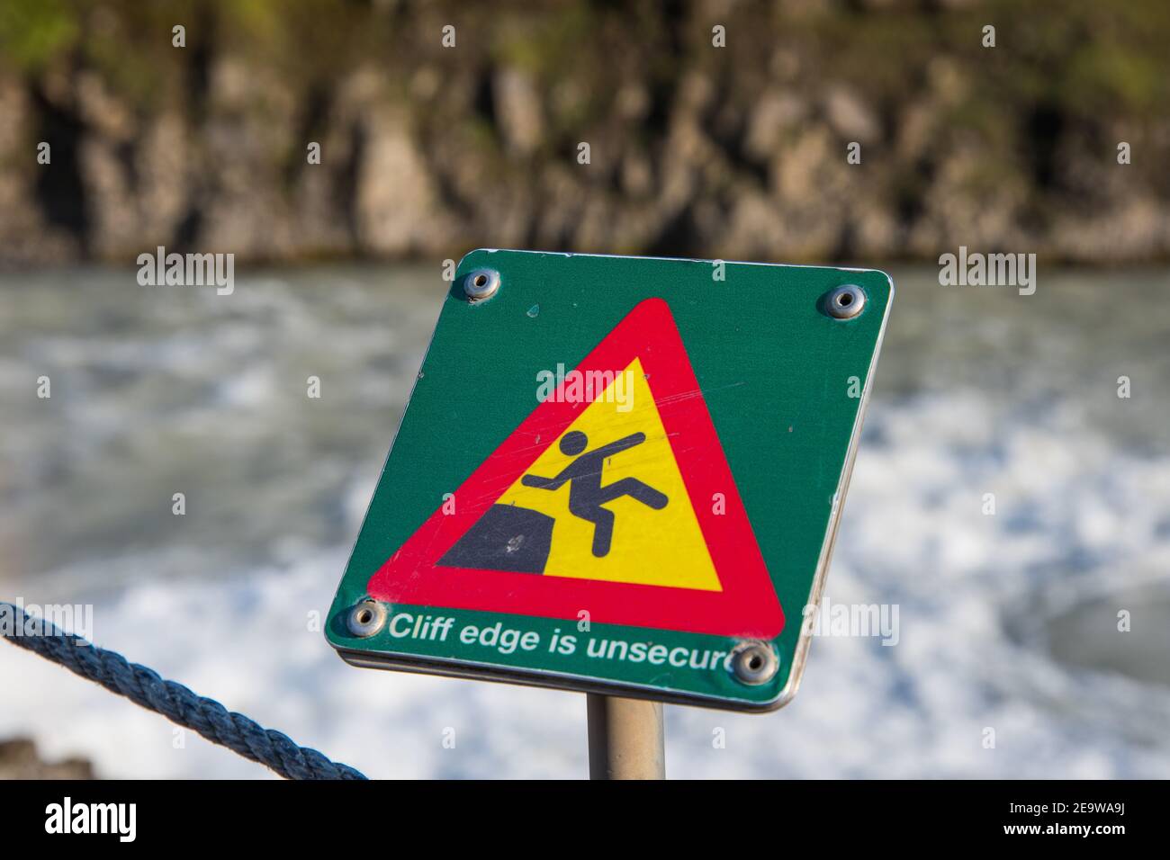 Warning sign at Gullfoss waterfall in South Iceland Stock Photo - Alamy