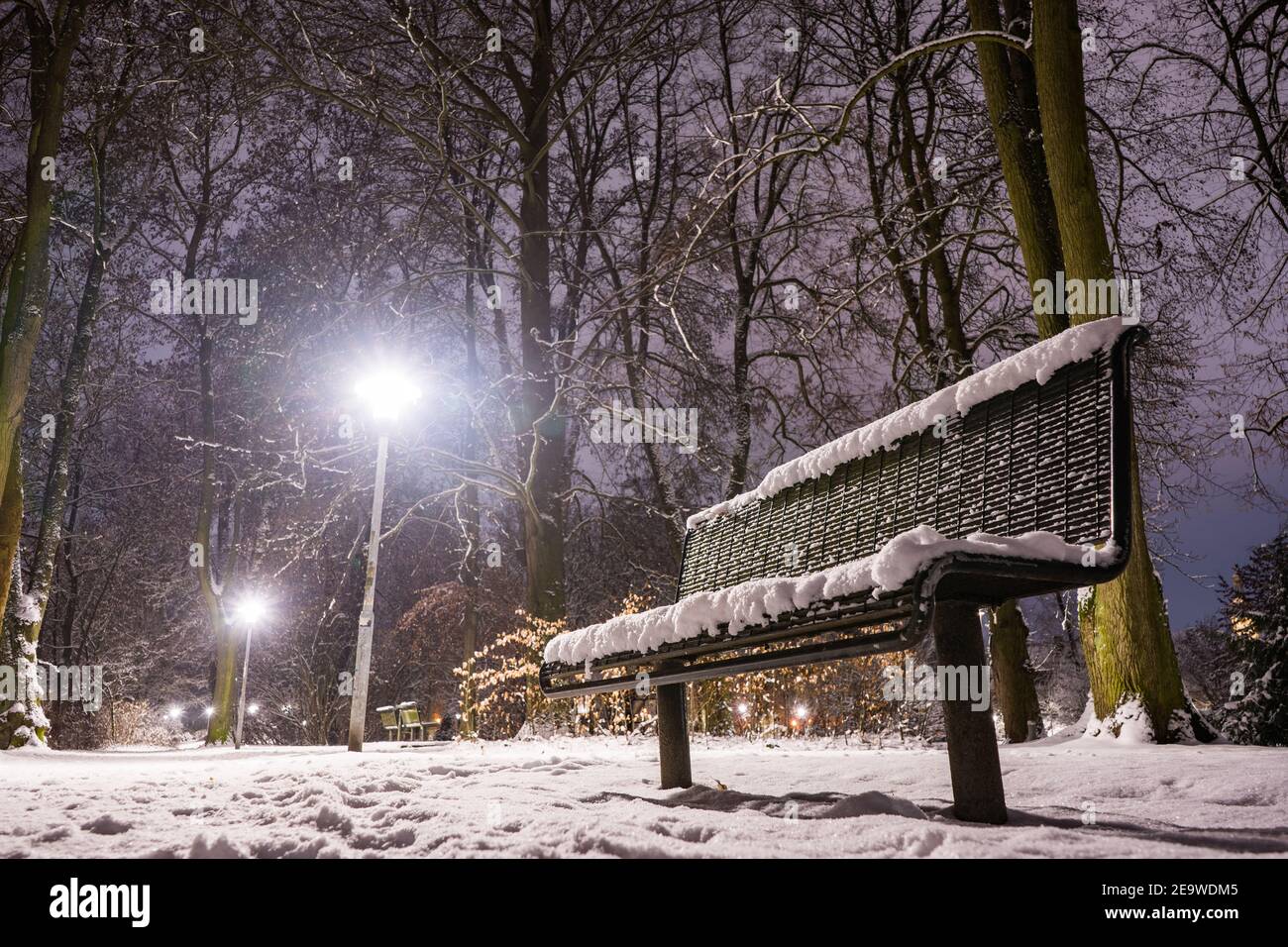 snowy bench in the park at night Stock Photo - Alamy