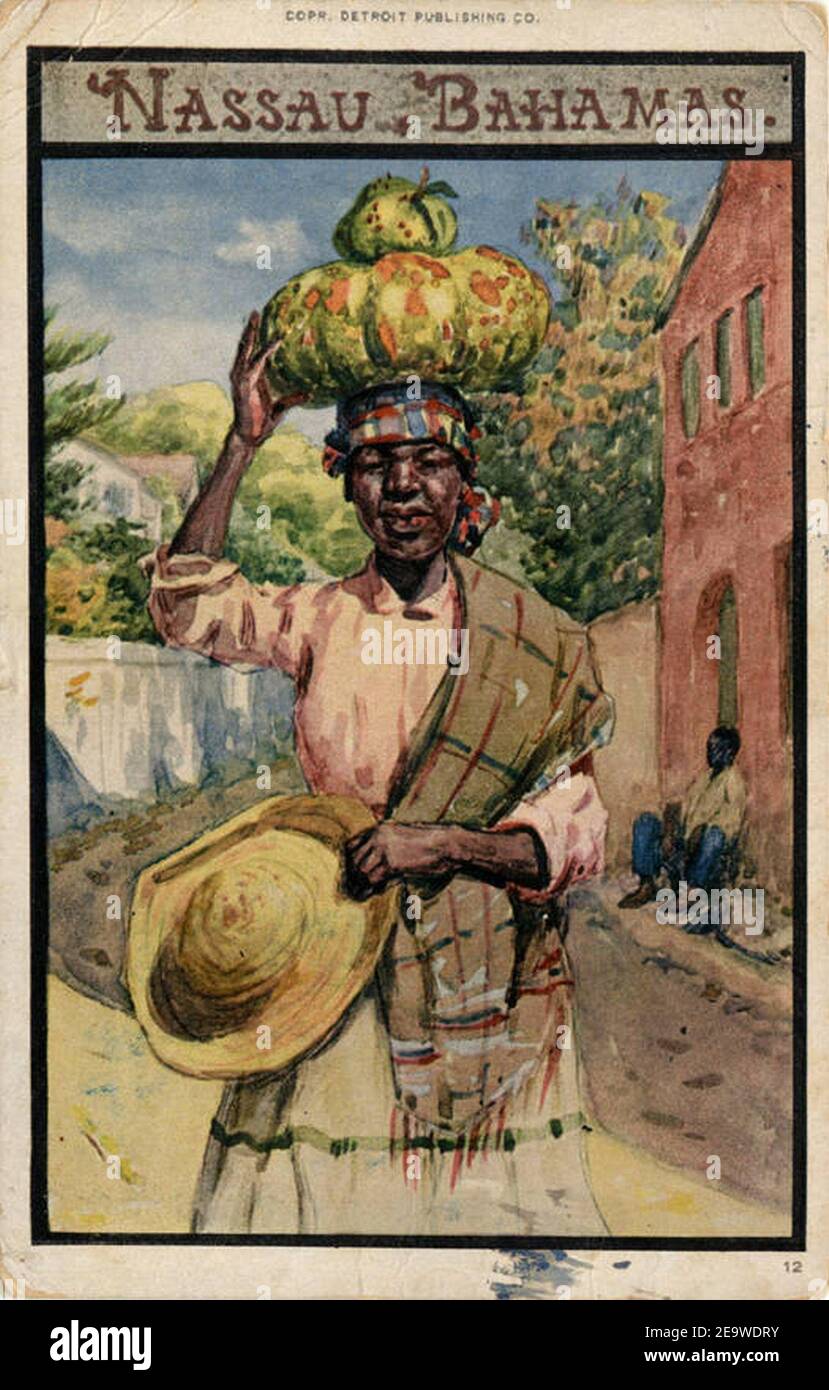 Nassau, Bahamas, Woman, fruit on head, hat in hand Stock Photo - Alamy