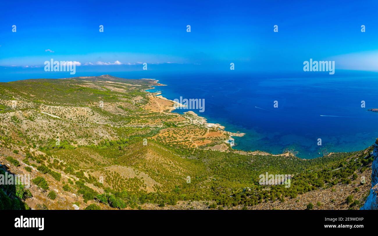 Aerial view of Blue lagoon and other bays at Akamas peninsula on Cyprus ...