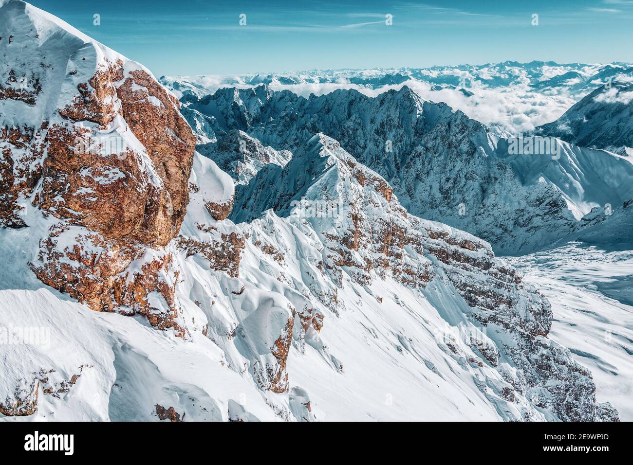 Mountain panorama from the viewing platform on the Zugspitze. German ...