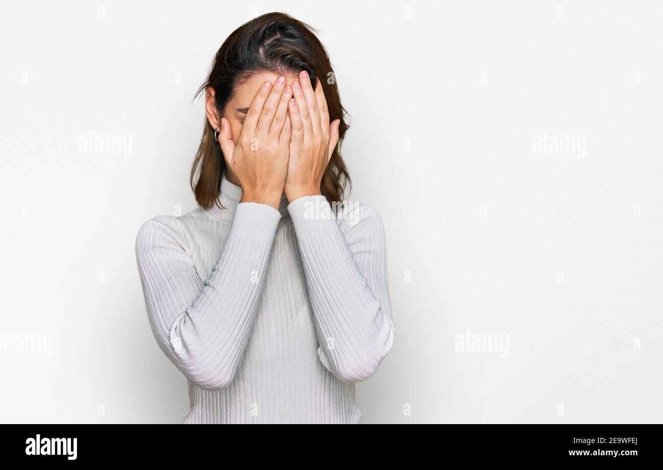 Young caucasian girl wearing casual clothes with sad expression ...