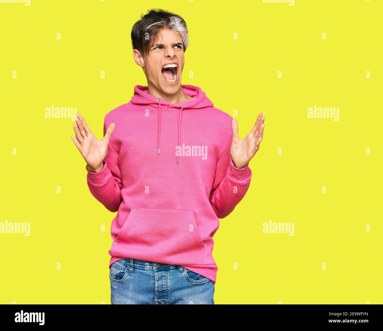 Young hispanic man wearing casual pink sweatshirt crazy and mad ...