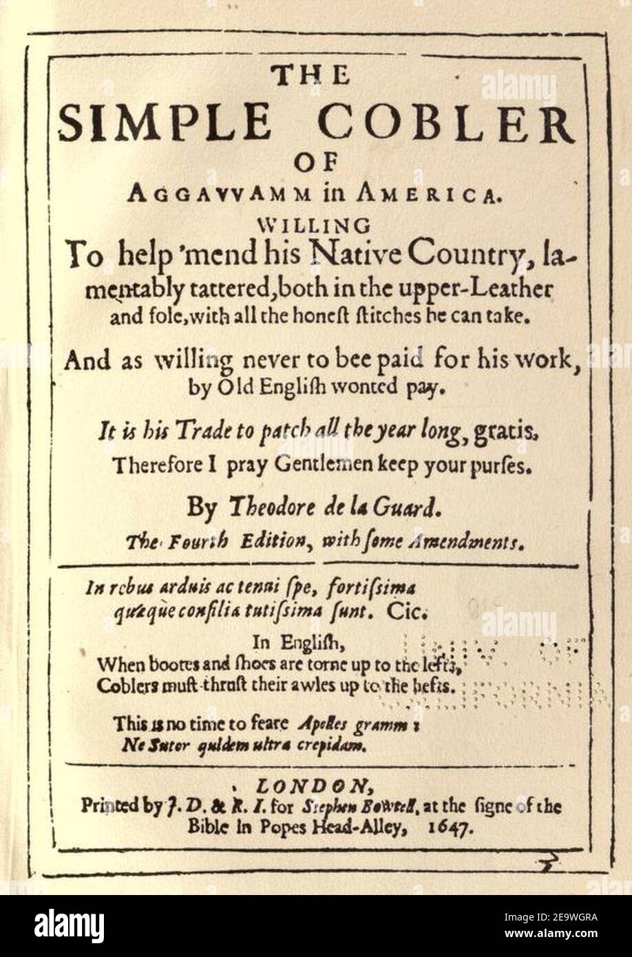Nathaniel Ward, The Simple Cobler of Aggawam in America (4th ed, 1647 ...