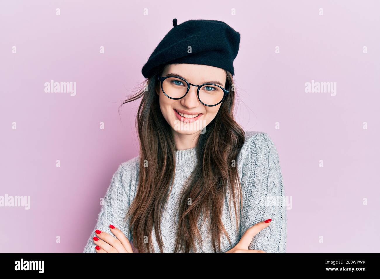 Young beautiful caucasian girl wearing french look with beret happy ...