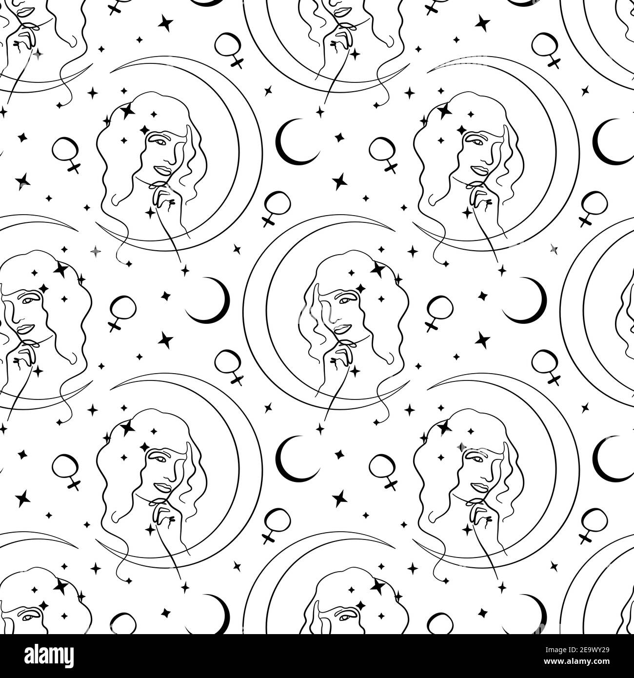 Seamless pattern with single line drawing of woman portrait with moon ...