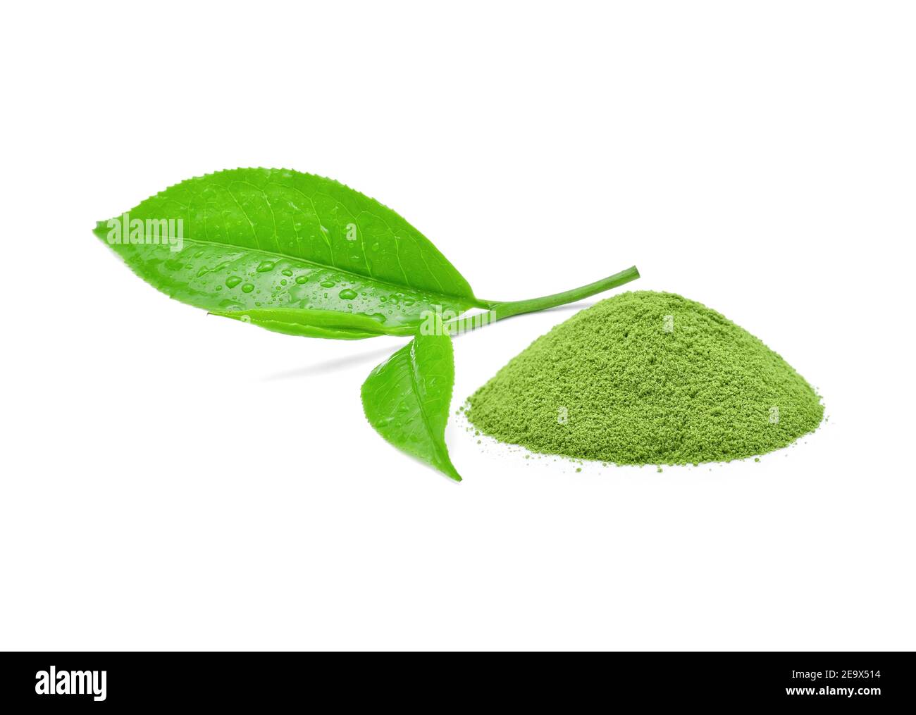 powder green tea with green tea leaf on white background Stock Photo ...